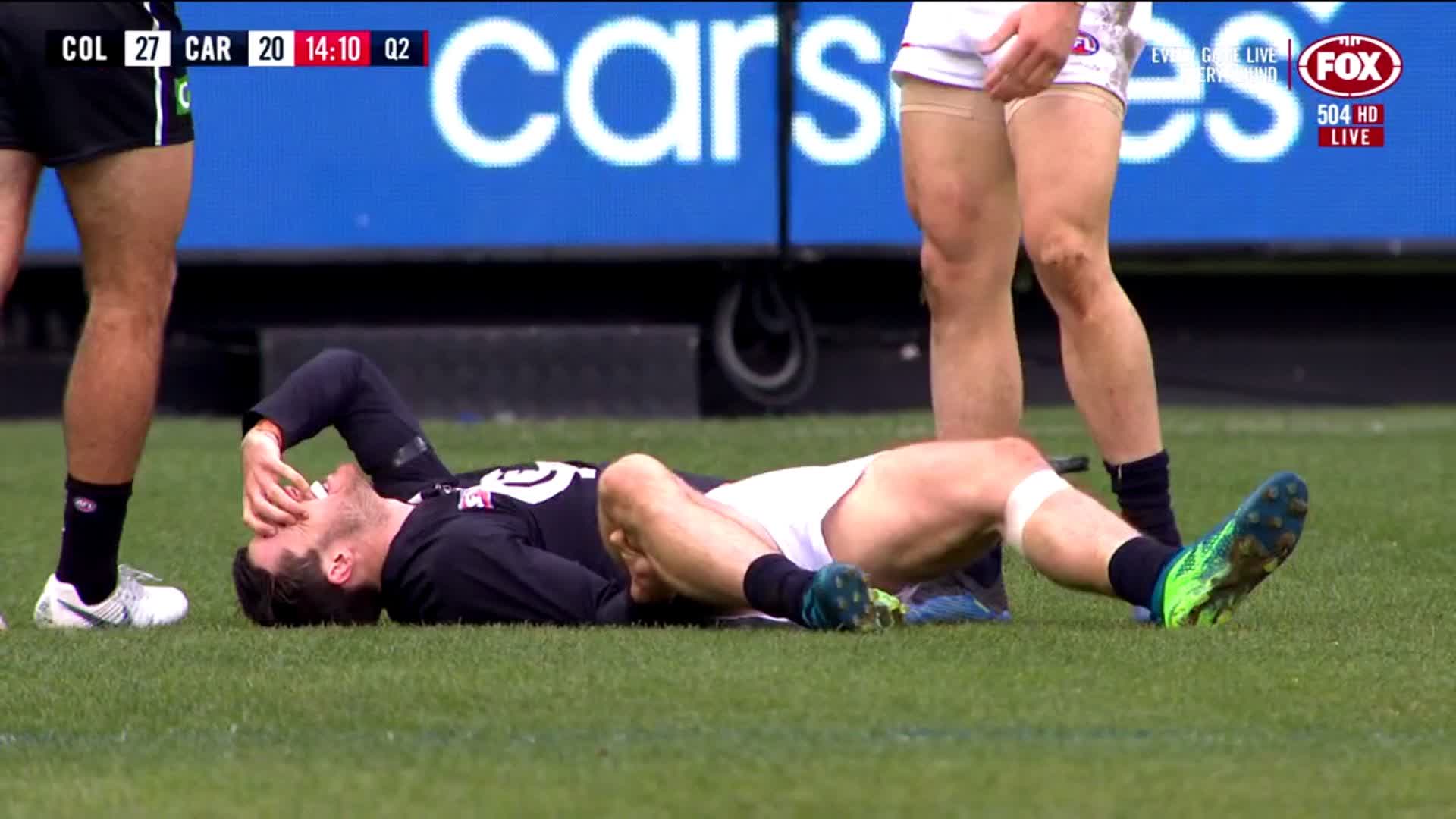 WATCH: Plowman stretched off after suffering leg injury - AFL News ...